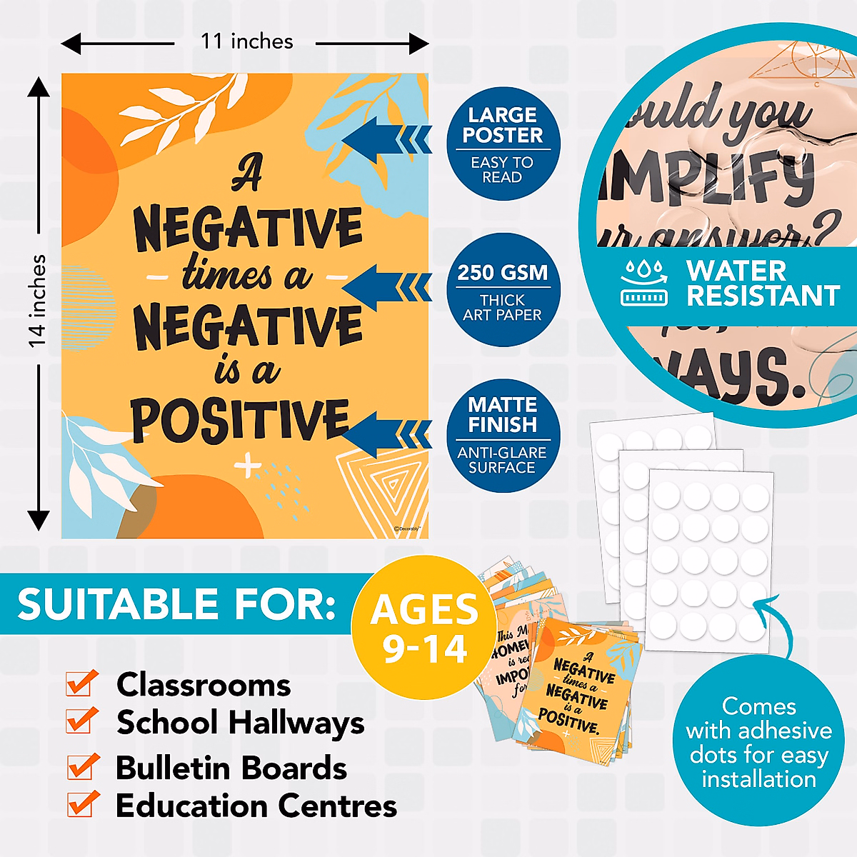 Decorably 12 Math Posters for Middle School, 11x14in Matte-Laminated Educational Math Classroom Posters