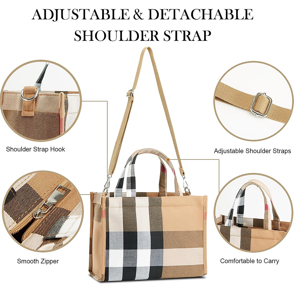 Canvas Tote Bag for Women,Zipper Crossbody Handheld Bag Travel Tote Handbag Shoulder Bag with Purse Satchel Bag (Brown)