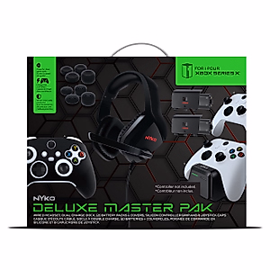 Deluxe Master Pak for Xbox Series X|S | Dual Controller Charge Base | High Quality Wired Headset Designed for Ears | 2 Rechargeable Battery Packs | Silicone Controller Skin and Thumb stick Caps