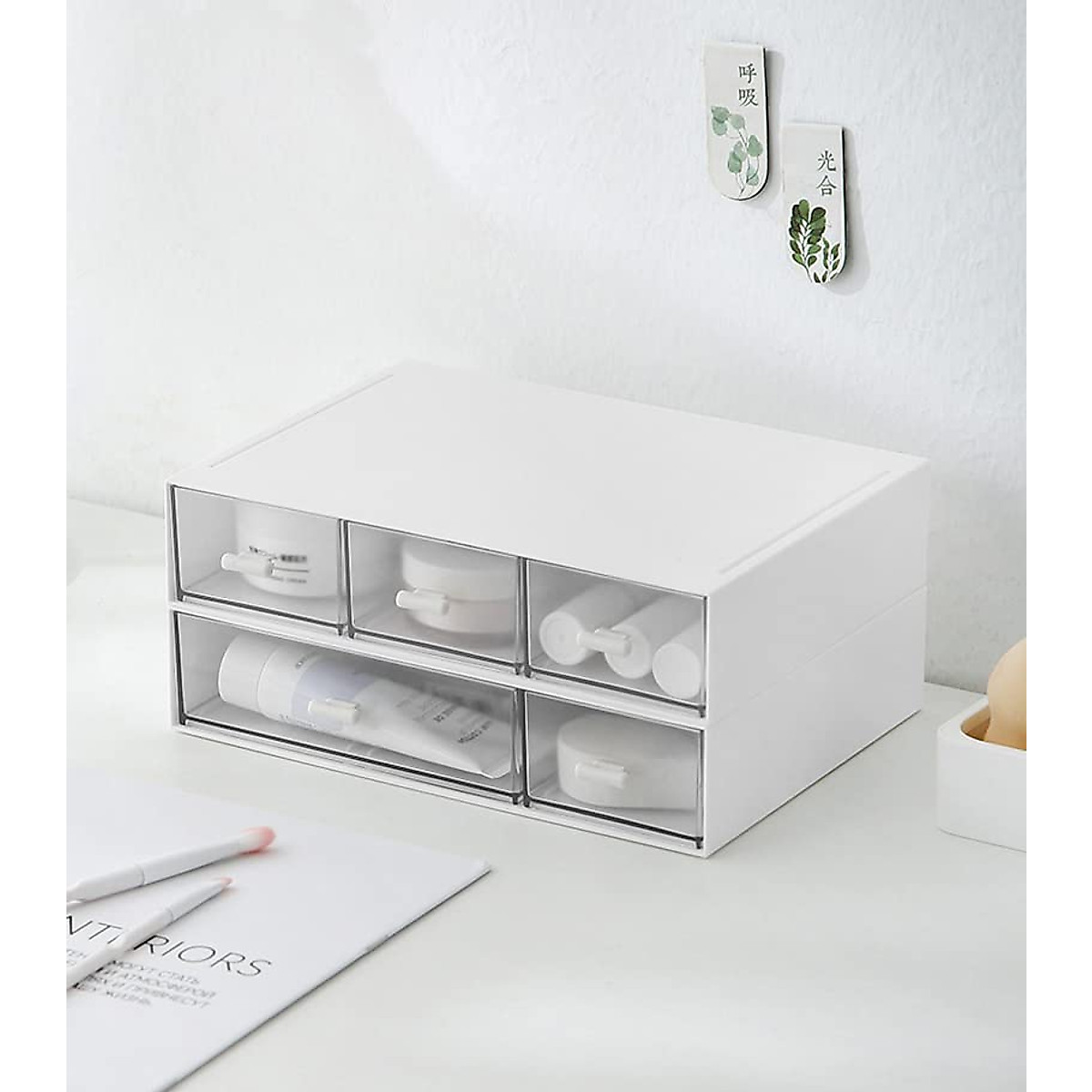 Stackable Desk Organizer with 6 Drawers, 3 Tier Plastic Desk Storage Box Desktop Drawers, Makeup Storage, Desk Organizer and Accessories for Desk, Cosmetic Skincare Storage Office School Home (White)