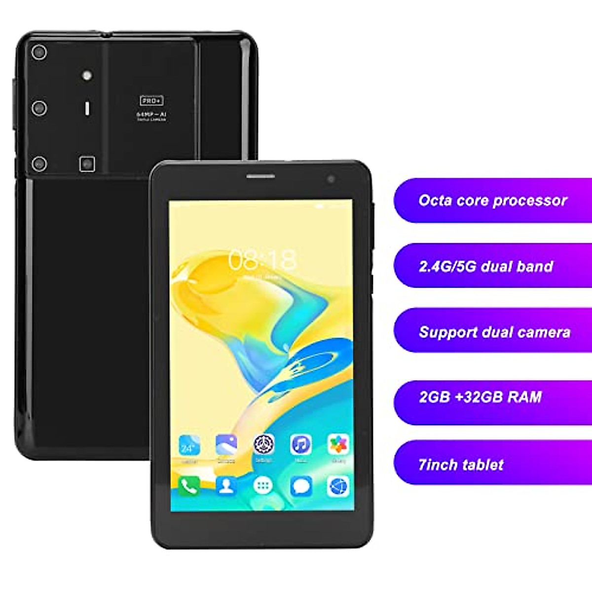 VINGVO 7Inch Tablet, 8 Core Processor 2G 32G RAM Support 128GB Kids Tablet for Home (US Plug)