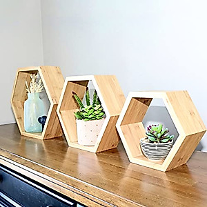 Bamboo Hexagon Floating Shelves For Wall Decor - Set Of 3 - Eco-friendly Honeycomb Shelves For Wall Mounted Hexagon Shelf Room Decor With Hanging Hardware, Wall Shelves, Hexagon Shelves For Home Decor