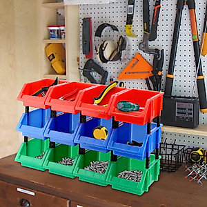 HOIGON 12 Pack Garage Storage Tool Bin, 7.09 x 4.72 x 3.15 Inch Plastic Hanging Stacking Stackable Organizer Storage Rack for Hardware Tools Organization, Workshop, Small Parts, Green Blue Red