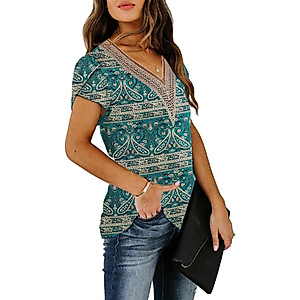 ETCYY Womens Summer Tops 2024 Trendy Casual Cap Sleeve Tops Striped Print Cute Tops Petal V Neck Short Sleeve Shirts(L.Flower Retro)