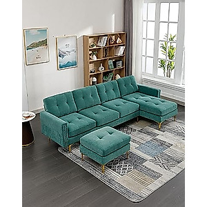 UBGO Living Room Furniture Sets,110" Large Sofa,U-Shape Sectional Chaise Lounge and Convertible Ottoman,Velvet Couches for Apartment,Office (Green)
