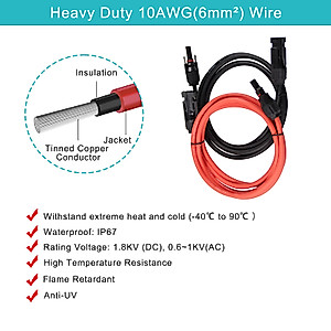 Solar Panel Extension Cable 6FT - 6Feet 10AWG(6mm²) Solar Extension Cable Wire with Female and Male Connector,10Gauge 6FT Black & 6FT Red Solar Panel Wiring for RV Solar Panels, Home, Boat