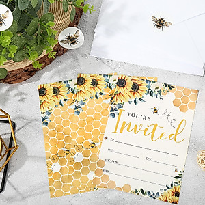 AnyDesign Sunflower Bee Party Invitations with Envelopes Stickers Watercolor Summer Flower Invitation Cards for Wedding Bridal Baby Shower Birthday Dinner Party Supplies, 20 Sets, 5 x 7 Inch