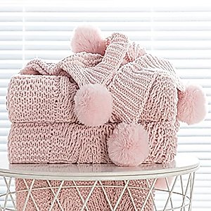 Chunky Knit Blanket with pom poms- Thick, Soft, Big, Cozy Throw Blankets for Couch, Bed, Sofa, Chair-50×60 Inches,Pink