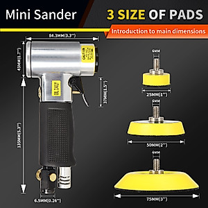 BAINUO 1/2/3 Inch Mini Air Angle Sander Air Random Orbital Palm Sander Grinder for Auto Body Work, High Speed Air Powered Sanders & Polisher with 27 Polishing Pads Buffing Pads and 30 Sandpapers