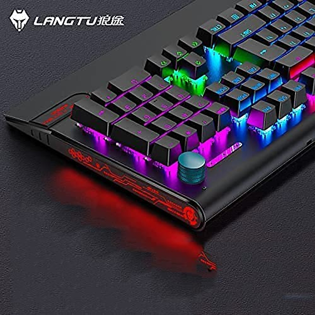 Multimedia Knob Computer Mechanical Keyboard Sandblast Metal Panel,104-Keys Conflict Free Buttons Gaming Keyboard,Dazzle Colour on Both Side, Mouse+Mouse Pads (Black/Raionbow Backlit/Blue Switch)