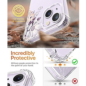 GVIEWIN Case Compatible with iPhone 14 Plus 6.7 Inch,with Screen Protector + Camera Lens Protector, Clear Flower Shockproof Soft Protective Floral Designed Women Phone Cover, 2022 (Aster/Purple)