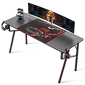 It's_Organized Gaming Desk 63 inch, K-Shaped Gaming Computer Desk, Carbon Fiber Surface Professional Gamer Workstation with Mouse Pad Cup Holder Headphone Hook Controller Stand, Black