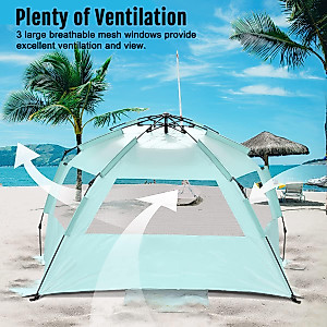 WhiteFang Deluxe XL Pop Up Beach Tent Sun Shade Shelter for 3-4 Person, UV Protection, Extendable Floor with 3 Ventilating Windows Plus Carrying Bag, Stakes, and Guy Lines (Mint Green)