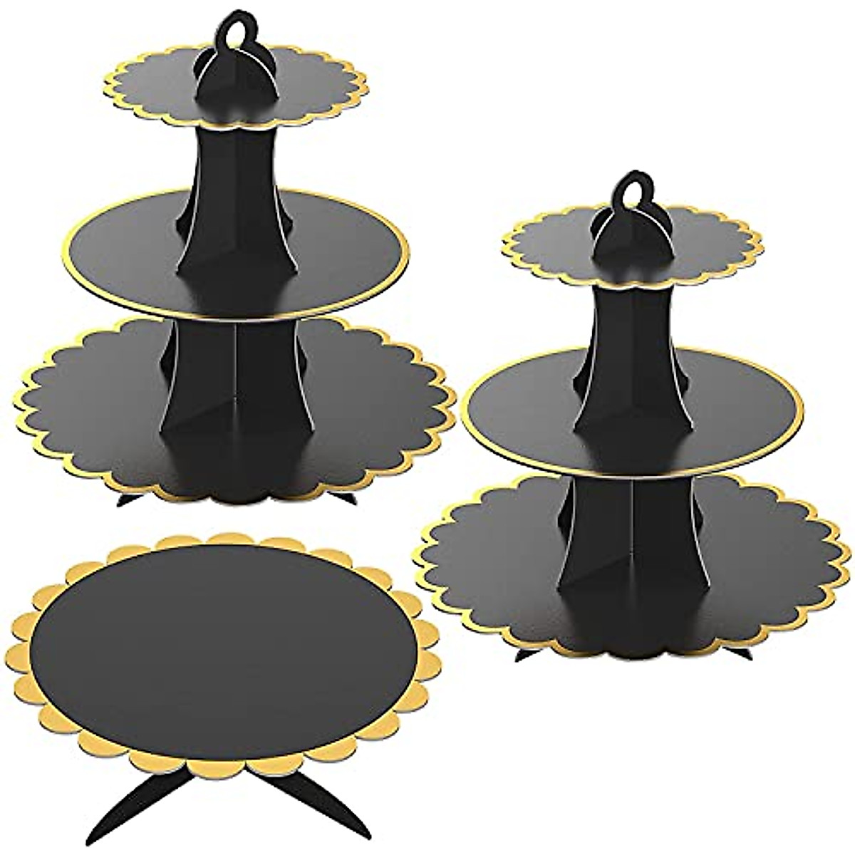 3-Pack Black and Gold 3-Tier Cardboard Cupcake Stand and 1-Tier Cake Stand Combo Dessert Tower for Birthday Party, Wedding, Baby Shower