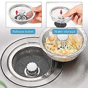 Kitchen Sink Strainer with Handle and Stopper Replacement Kitchen Sink Drain Basket/Stopper/Plug 3.3 Inch Stainless Steel Kitchen Sink Drain Strainer Mesh Sifter Filter(‎Silver)