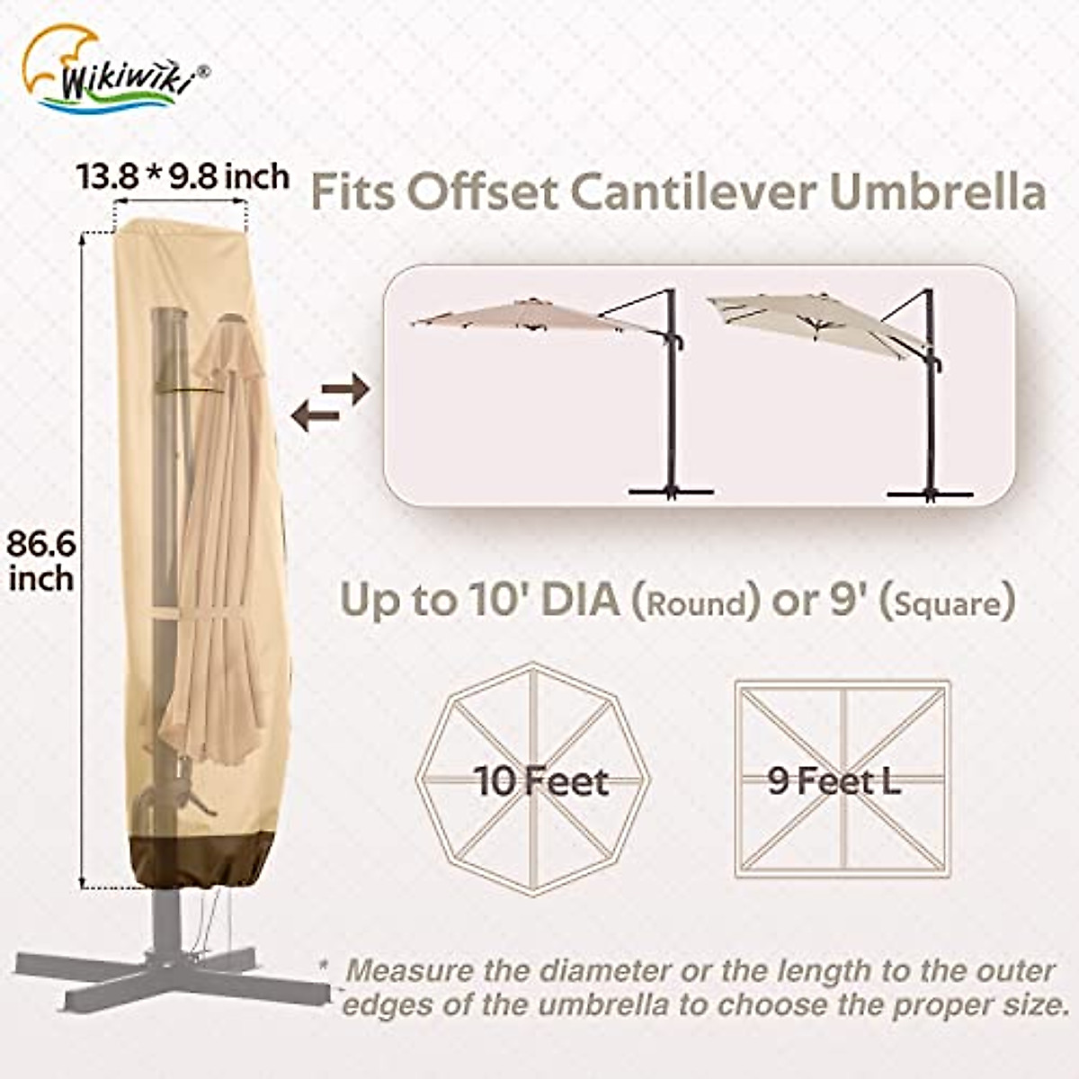 wikiwiki 82.7'' Patio Umbrella Cover Oxford Fabric, for 10FT Outdoor Offset Hanging & 9FT 3 Tier Market Umbrellas, Fade Resistant & Waterproof Fabric with Adjustable Drawstring & Storage Bag (Beige)
