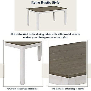 Winwee 6 Piece Dining Table Set, Wood Dining Room Table Set with 4 Upholstered Chairs & a Bench, Rustic Style Kitchen Table Set for 6 Persons, 36x60 Inch Kitchen Table (Gray+ White)