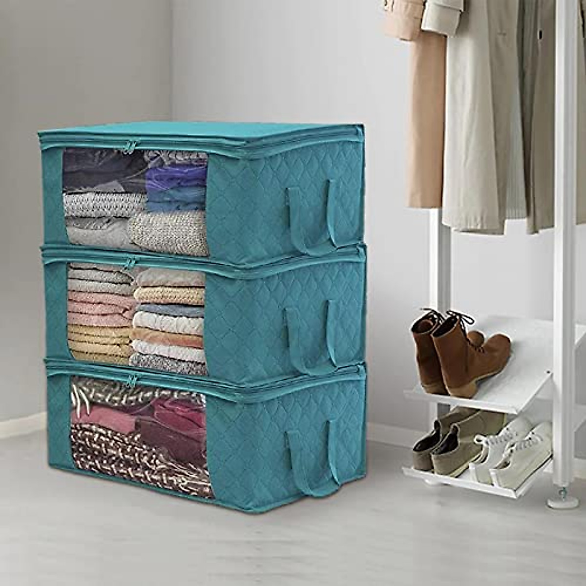 NARFIRE 3Pcs Large Storage BoxThick Oxford Large Capacity Storage Box Organizer with Window Reinforced Handle for Clothes Blanket Comforter Closet