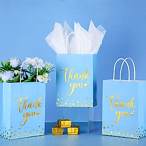 Tinlade 30 Pcs Thank You Gift Bags with Tissue Paper Gold Thank You Wedding Bags with Handle for Graduation Business Shopping Wedding Baby Shower Party Favors(Light Blue)