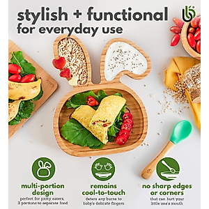 Bamboo Baby Plate with Suction - Kids and Toddler Suction Cup Plate for Babies, Non-toxic All-Natural Bamboo Baby Food Plate Stays Cool to the Touch for Baby-Led Weaning (Bunny-Orange)