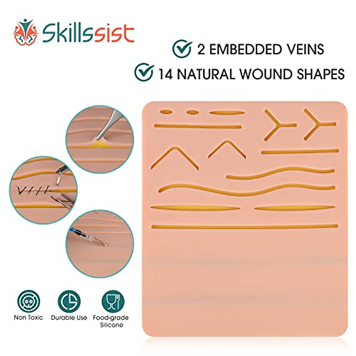 Skillssist Suture Practice Pad & Injection IV Training Pad with 14 Pre-Cut Wounds and 2 Veins, 2-in-1 Training pad for IV Injection Training & Suturing Practice for Medical Students and Doctors