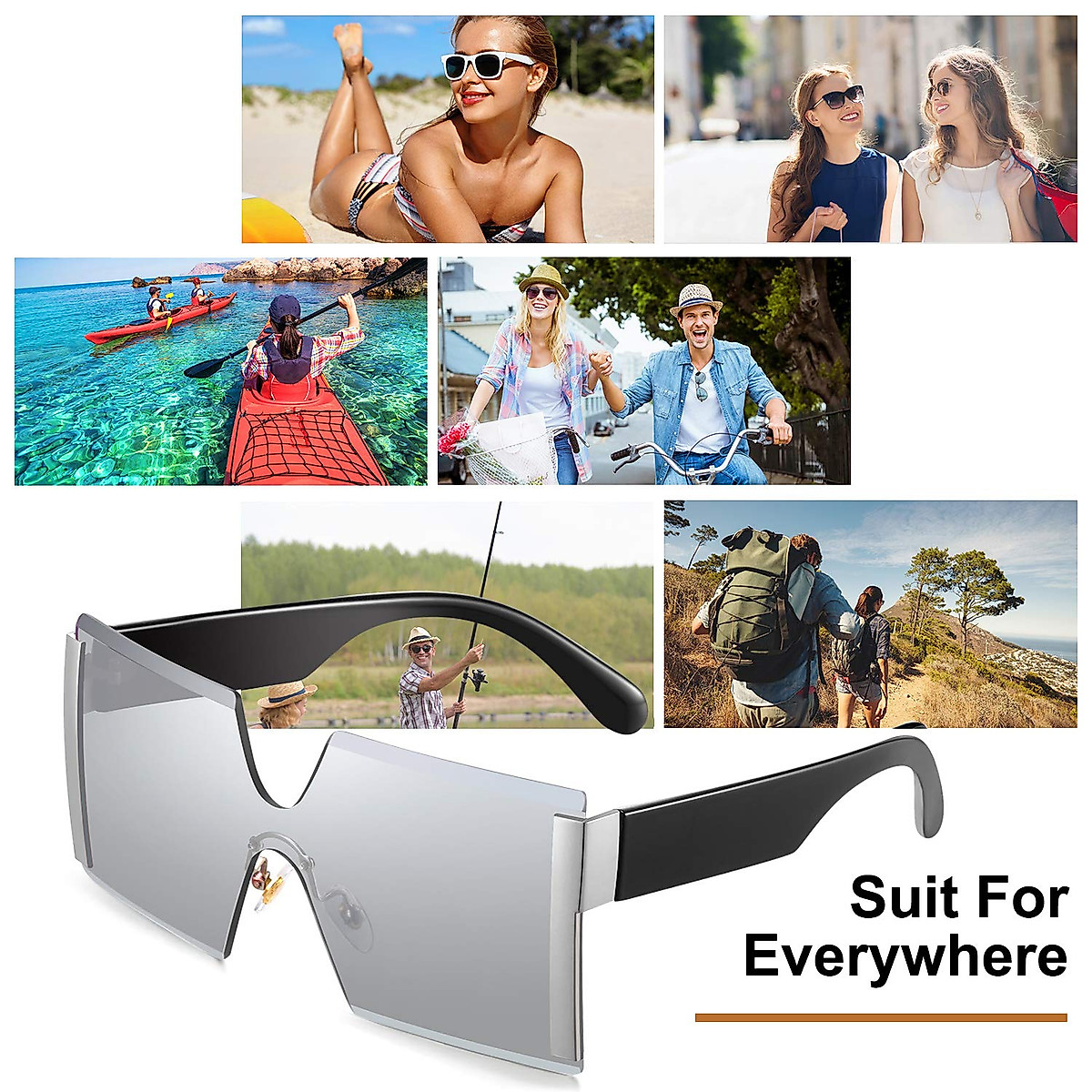 Frienda 3 Pieces Oversized Square Sunglasses for Women Trendy Fashion Rimless Frame Glasses Transparent Eyewear (Silver, Brown, Gray and Pink)