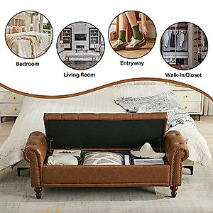 SOFTHION Storage Bench Upholstered PU Leather End of Bedroom Bed Bench Ottoman with Tufted Cushioned Rolled Arm Large Storage Space for Reading Living Room Entryway, Brown