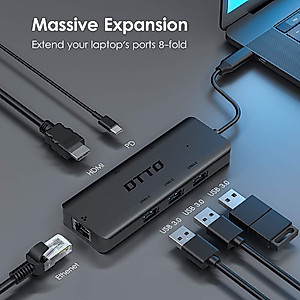 DTTO USB-C Hub 6-in-1 with 4K@60Hz HDMI, 1Gbps RJ45 Ethernet Adapter, 90W PD Power Delivery, 3X USB 3.0 Ports, Thunderbolt 3 Multiport Dongle for MacBook, iPad Pro, XPS, and More, Space Grey
