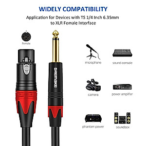 DREMAKE 33 Foot XLR Female to 1/4'' Mono Unbalanced Cable, 3-Pin Female XLR to Male 1/4'' Patch Cord, 6.35mm 1/4'' TS Male to XLR Female Audio Stereo Microphone Cable for AMP Stereo System 1/4 to XLR