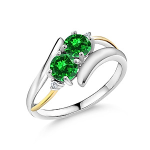 Gem Stone King 925 Sterling Silver and 10K Yellow Gold Green Created Emerald Women Ring (1.70 Cttw, Round 5MM, Available In Size 5, 6, 7, 8, 9)