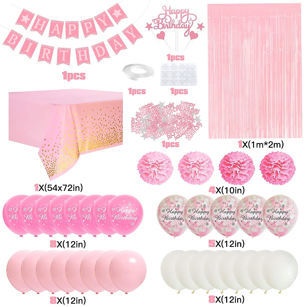 Pink Birthday Decorations, Birthday Decorations for Girls, Pink and White Balloons Happy Birthday Banner Tablecloth Paper Pom Poms Foil Fringe Curtain for Kids Women Birthday Pink Party Supplies