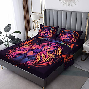 Witchy Sheets Full Size, Halloween Bed Sheets, Patterned Bedding Sheets & Pillowcases 4 Piece Set - Soft Microfiber Deep Pocket Fitted Sheet & Flat Sheet & 2 Pillow Cases L5-&-76
