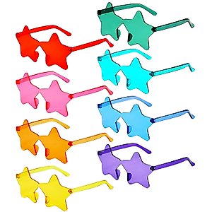 Pibupibu 8 Pack Colorful Star Shaped Sunglasses, Transparent Rimless Star Glasses Bulk, Cute Pentagram Fun Party Sunglasses Set