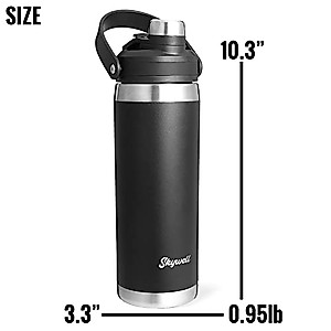 SkyWell 24oz Stainless Steel Water Bottle with 3 in 1 Lid, BPA-Free Leak-Proof Wide Mouth Vacuum-Insulated Water Flask with Straw and Handle Sweat-Proof for Outdoor and Travel, Black