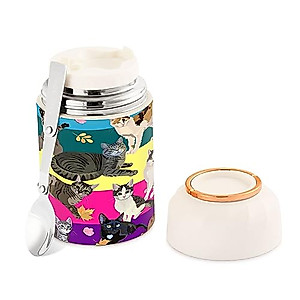 CUPADA Cute Cats Kittens Food Jar, Colorful Stripes Insulated Hot Food Jars Vacuum 17OZ with Folding Spoon for Work Trip Picnic Camping