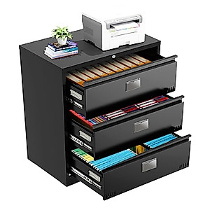 TOPKEY 3 Drawer Lateral File Cabinet with Lock, Metal Filing Storage Vertical Cabinets for Home Office Hanging Letter/Legal/F4/A4, Lockable Metal Horizontal File Cabinet with Card Slot（Black