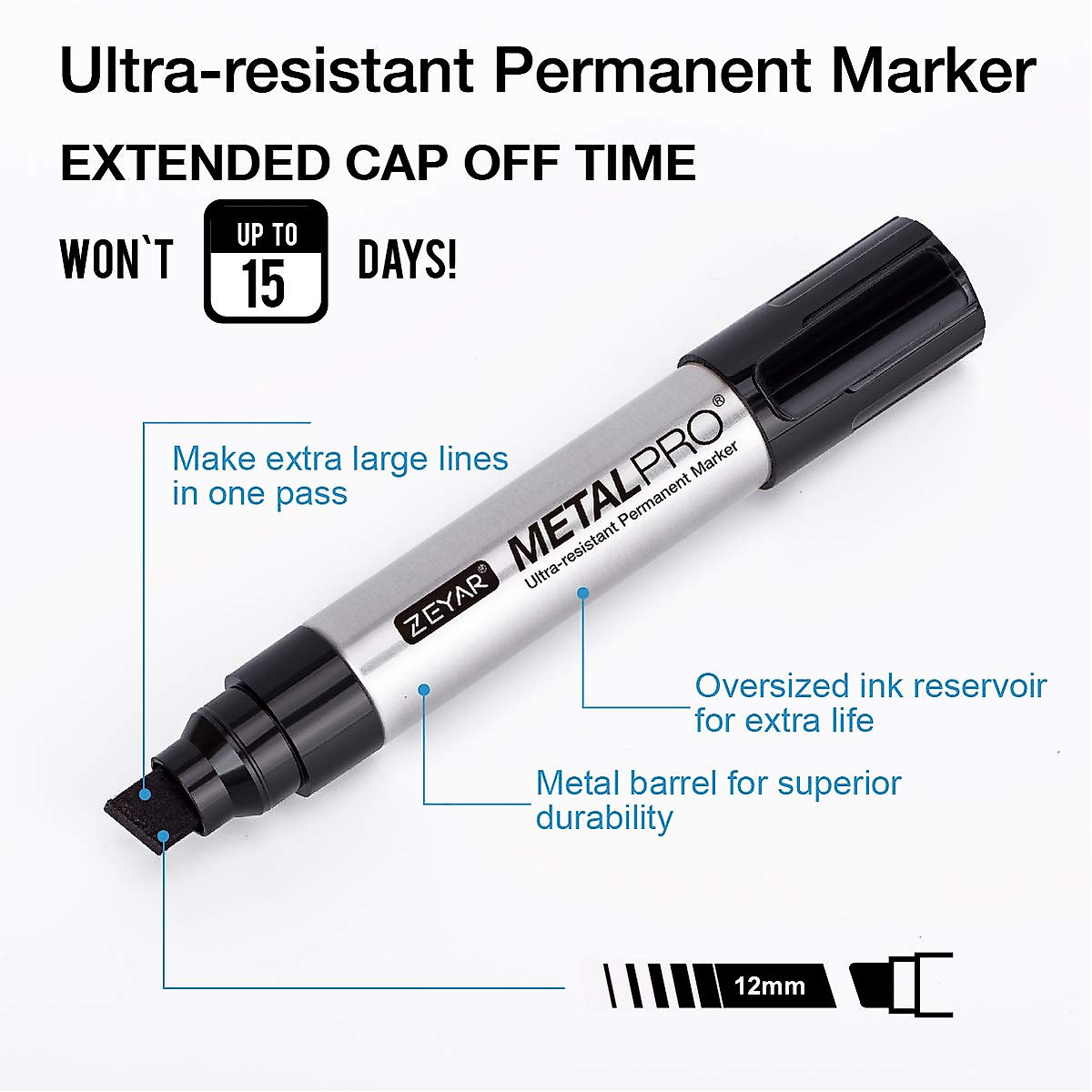 ZEYAR Permanent Markers, JUMBO Size, Aluminum Barrel, Set of 4, Waterproof & Smear Proof Markers, Writes on most surfaces (Black, Blue, Red, Green)