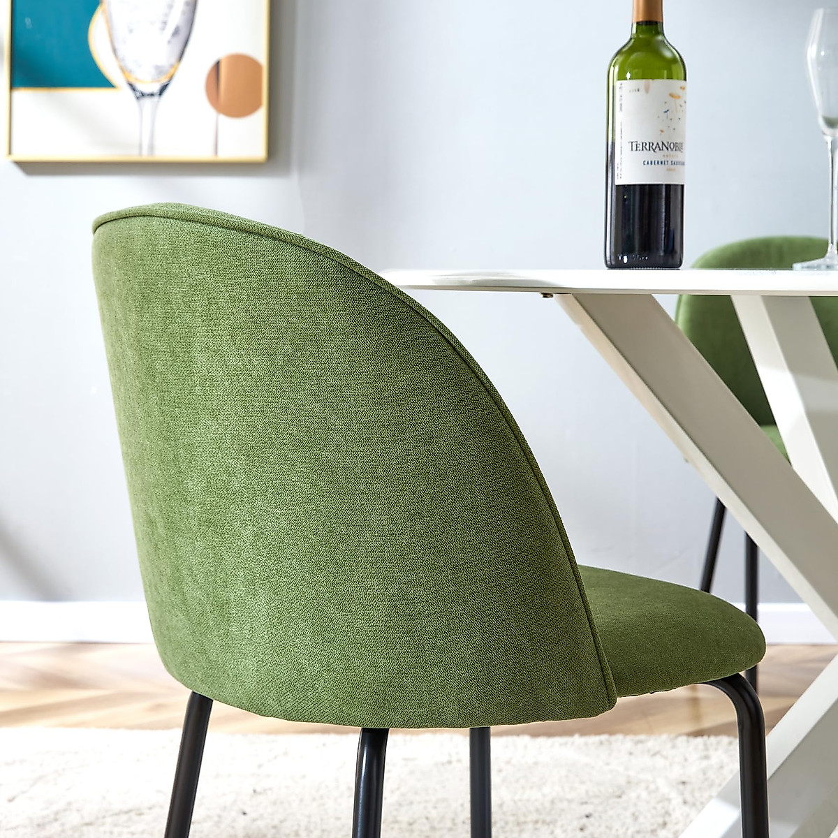 ATSNOW Green Upholstered Armless Dining Chairs Black Metal Legs, Mid Century Modern Accent Side Chairs for Living Room Vanity Set of 2