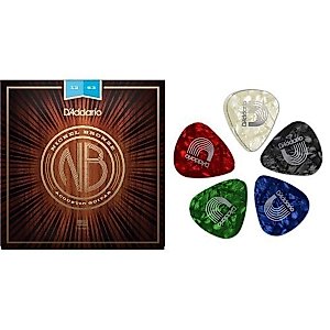 D'Addario Nickel Bronze Light Acoustic Guitar Strings and 10 Pack Assorted Celluloid Medium Guitar Picks