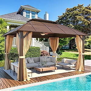 YOLENY 10'x13' Hardtop Gazebo with Galvanized Steel Arc Double Roof，Aluminum Frame Included, Outdoor Canopy Gazebos with Curtain&Netting, Sunshade for Gardens, Lawns, Deck