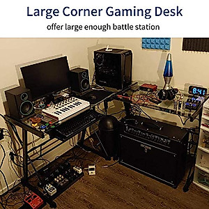 Reversible L-shaped Computer Corner Desk, Modern Toughened Glass L Shaped Round Corner Desk with Keyboard Tray & CPU Stand, PC Laptop Writing Gamer Workstation for Home Office Small Spaces (Clear)