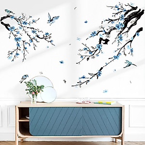 wondever Watercolor Flower Tree Branch Wall Stickers Blossom Blue Floral Birds Peel and Stick Wall Art Decals for Living Room Bedroom