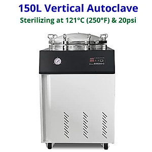 SH Scientific New 150L Vertical Autoclave. Glassware, Mushroom Grain and Culture Media Sterilization. Quicker Cycle. Advanced Pressure Gauge Display (PSI). 20psi at 121℃. Commercial and lab use. 220V