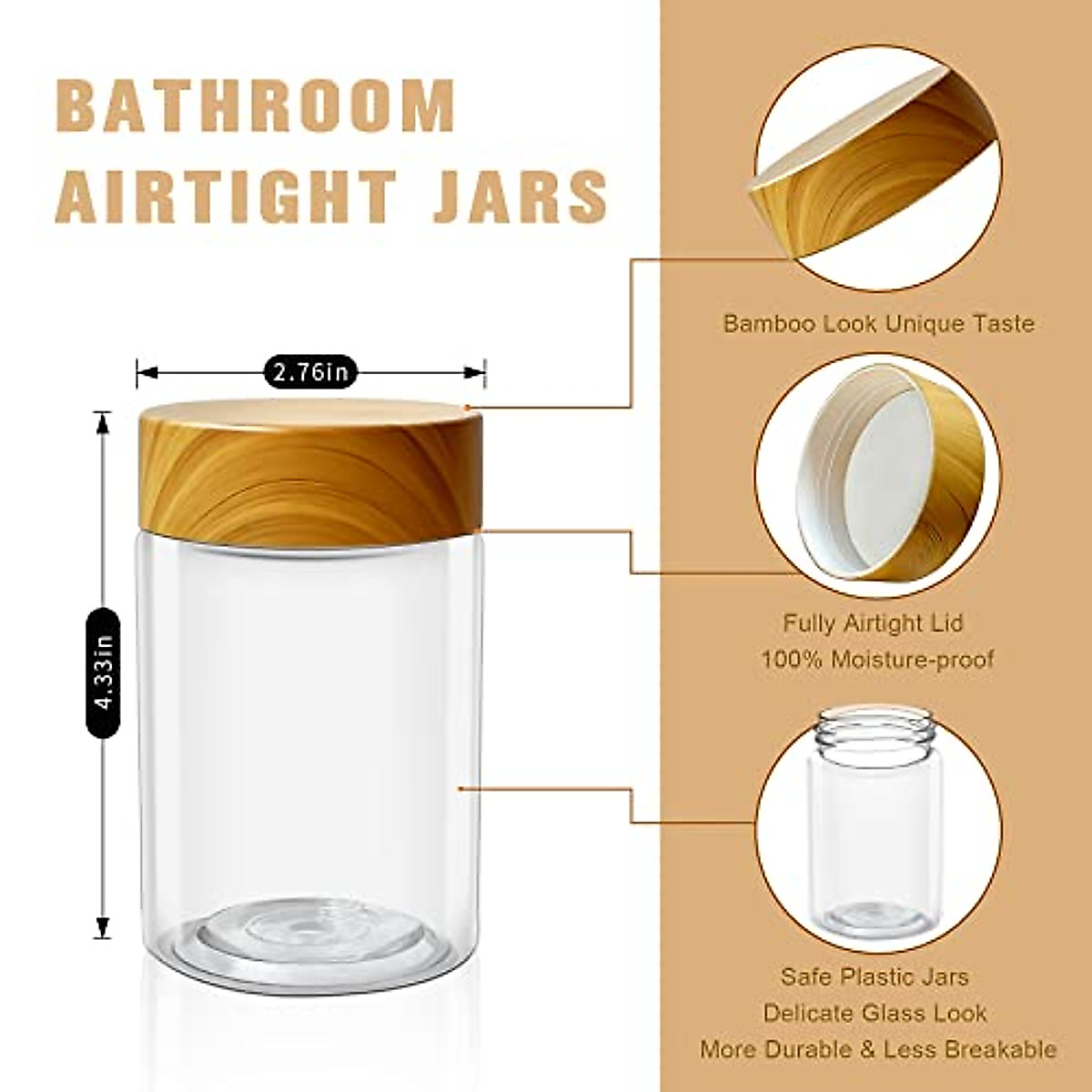 Homesweet Qtip Holder Bathroom Set, 2 Bathroom Jars with Tray, 11oz Plastic Airtight Jars Perfect for Family with Kids, Moisture-Proof, Bamboo Tray with Non-Slip Pads, Wood Color