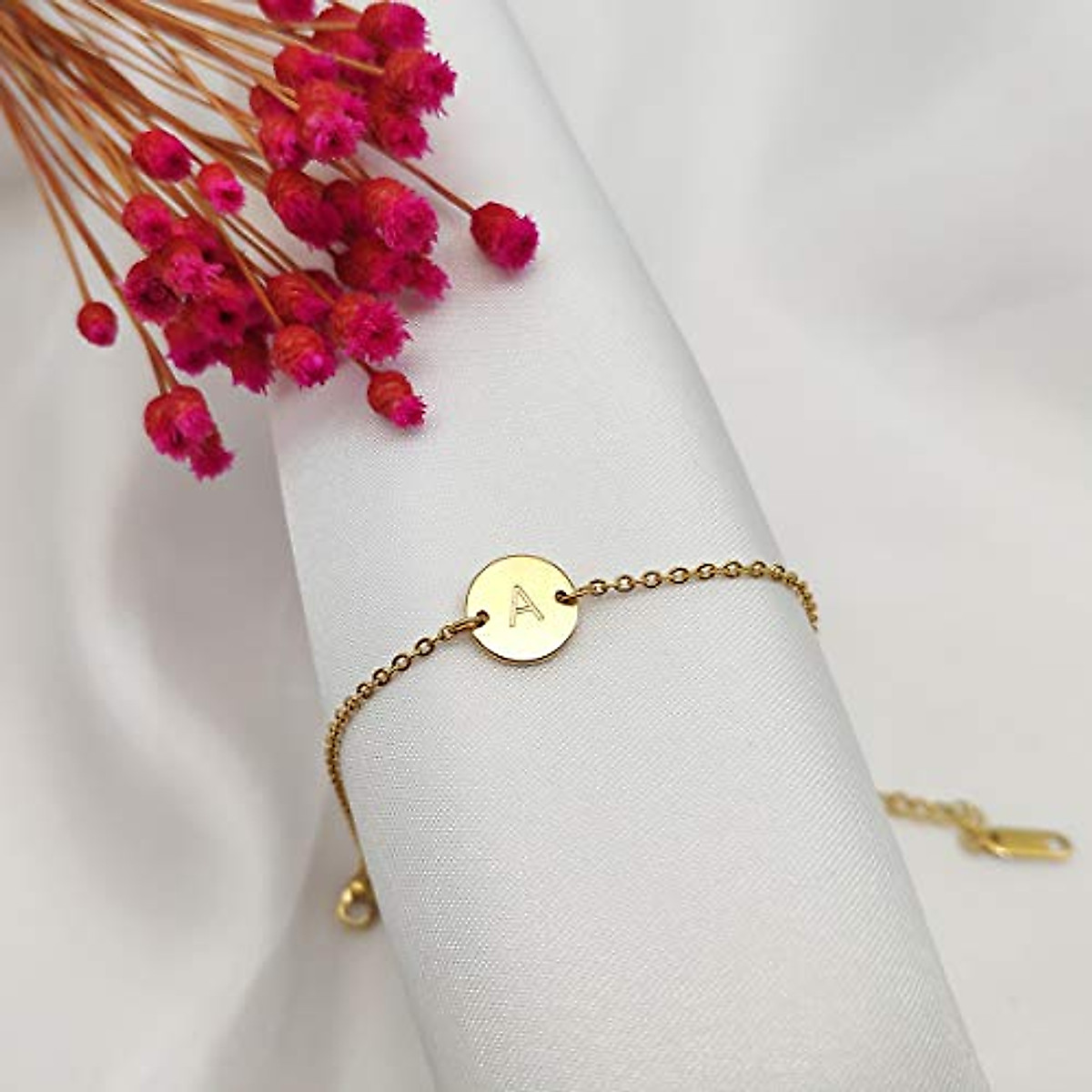 Glimmerst Personalized Initial Bracelet, 18K Gold Plated Stainless Steel Letter A Bracelet Dainty Coin Charm Bracelet Delicate Disc Name Bracelet for Women Girls
