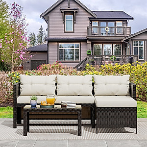 Meilocar Patio Furniture Set 3 Pieces, Outdoor Patio Sectional Sofa, Weaving Wicker Rattan All Weather Patio Seating Sofas with Cushion and Glass Coffee Table (Beige)