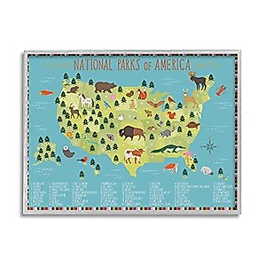 Stupell Industries Children's National Parks of America Map Animal Wildlife Grey Framed Wall Art, 20 x 16, Blue