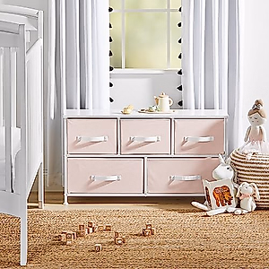 mDesign Wide Steel Frame/Wood Top Storage Dresser Furniture with 5 Fabric Drawers, Large Bureau Organizer for Baby, Kid, and Teen Bedroom, Nursery, Playroom, Dorm - Jane Collection, Pink/White, Pack of 1