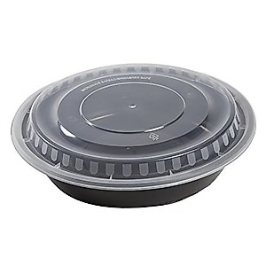 AmerCare 9 Inch Round Black Plastic Containers with Lids, 48 Ounces for Microwave or Freezer, Pack of 150