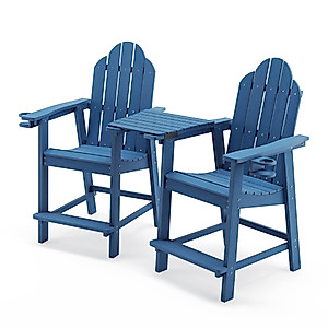 LUE BONA Tall Adirondack Chairs Set of 2 with Removable Table,Poly Adirondack Chair Bar Stools with Cup Holder, 25.6", 300Lbs, Weather Resistant Lifeguard Chair for Balcony,Deck